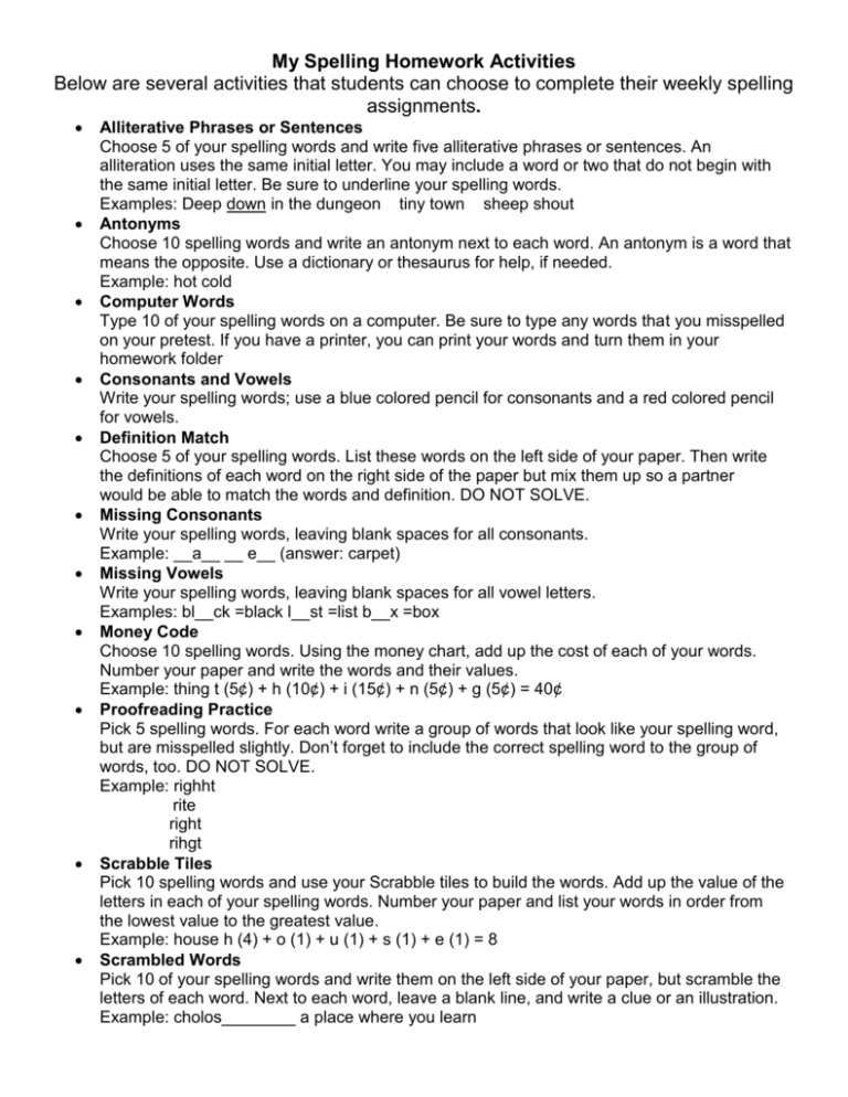 My Spelling Homework Activities My Spelling Homework Activities