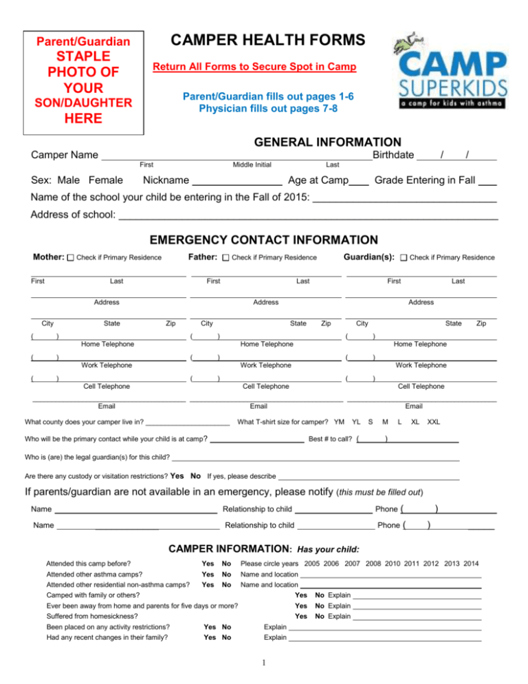 CAMPER HEALTH FORM - American Lung Association