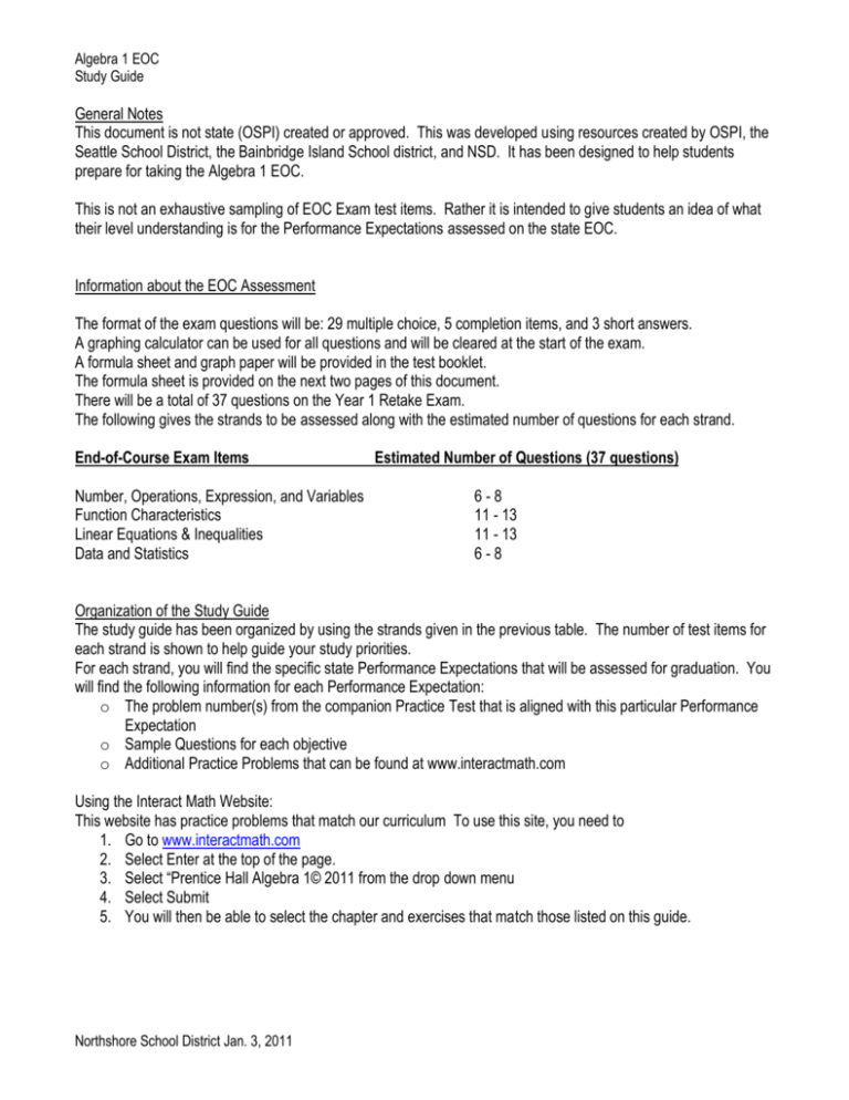 Algebra EOC Study Guide Northshore School District