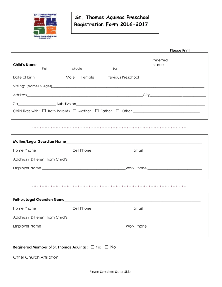 St. Thomas Aquinas Preschool Registration Form 2011-2012
