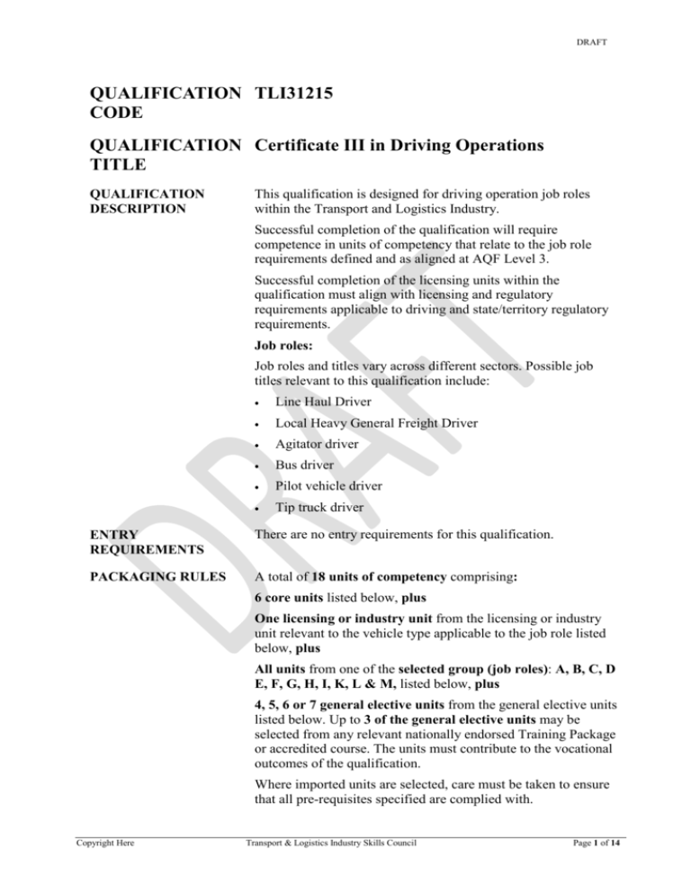Certificate III Driving Operations Qualification Requirements