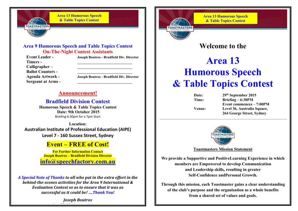The Area 13 Humorous Speech Table Topics Contest