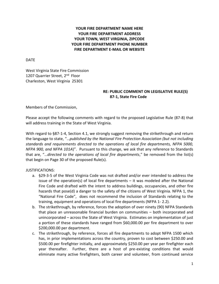 Fire Code Comment Template West Virginia State Firemen s
