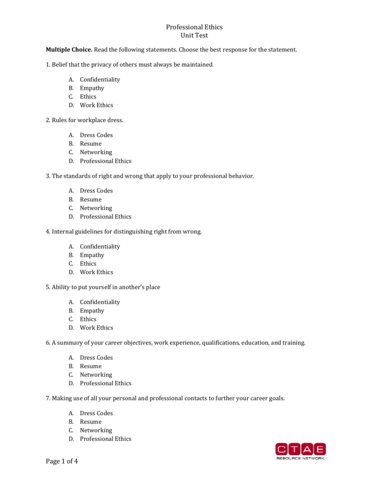 Professional Ethics Unit Test Multiple Choice Read The Following
