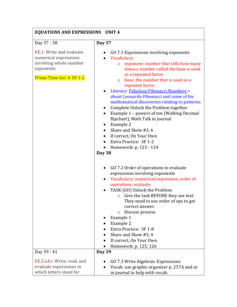 EQUATIONS AND EXPRESSIONS UNIT 4 Day 37