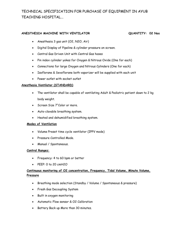 TECHNICAL SPECIFICATION FOR PURCHASE OF EQUIPMENT IN