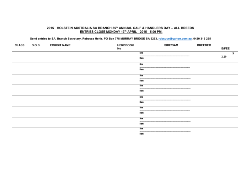 Calf Day Entry Form 2015