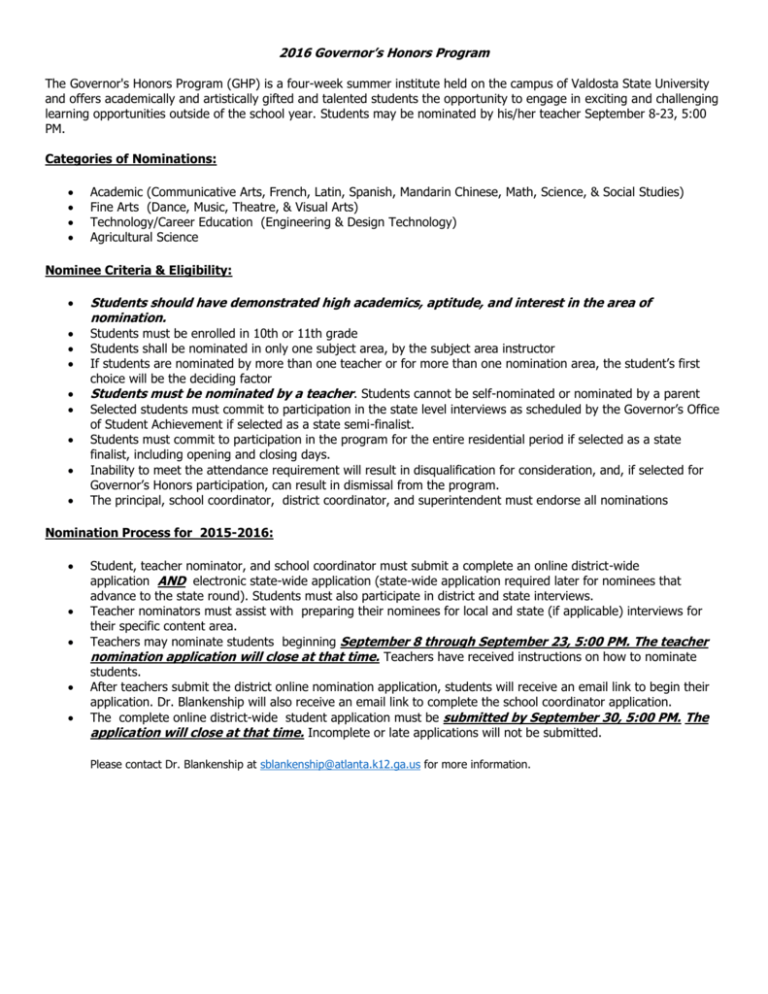 2016 Governor s Honors Program The Governor s Honors Program 2016 Governor s Honors Program The Governor s Honors Program