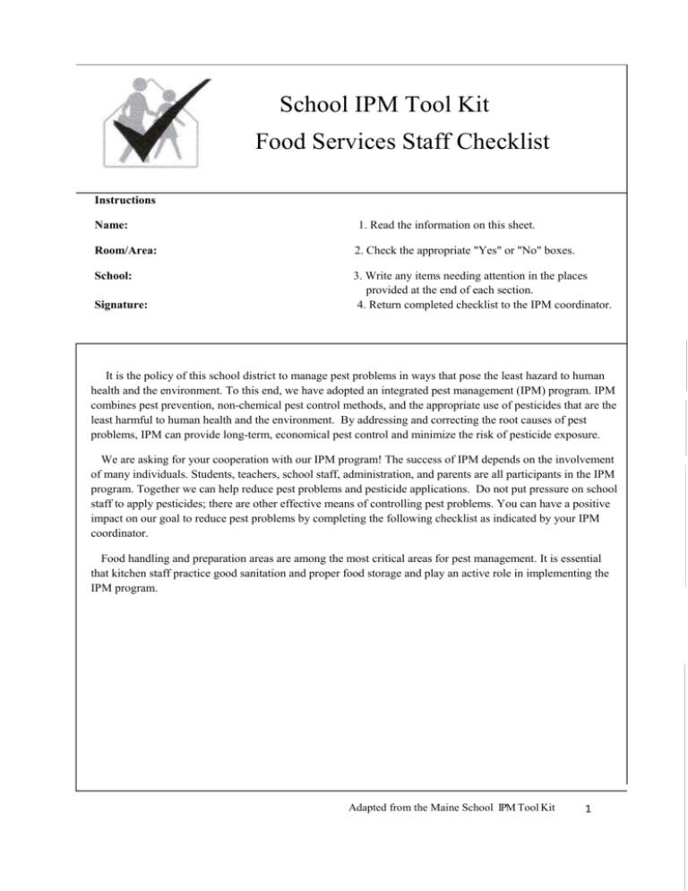 Food Services Staff Checklist Food Services Staff Checklist