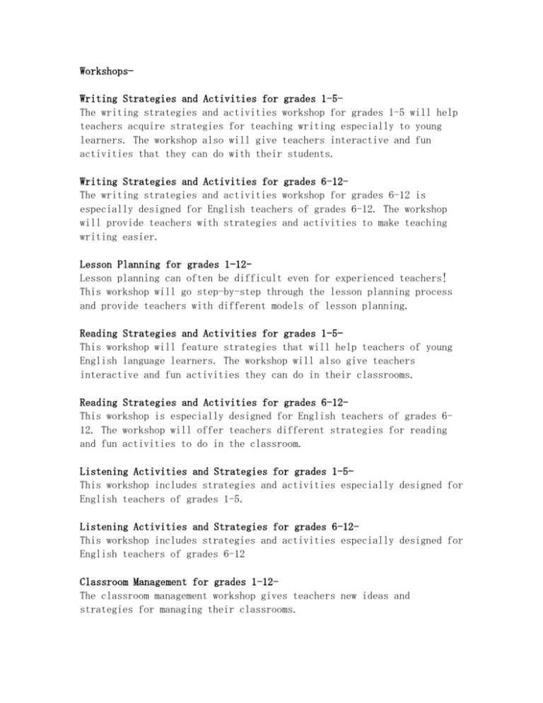 Workshops- Writing Strategies and Activities for grades 1-5