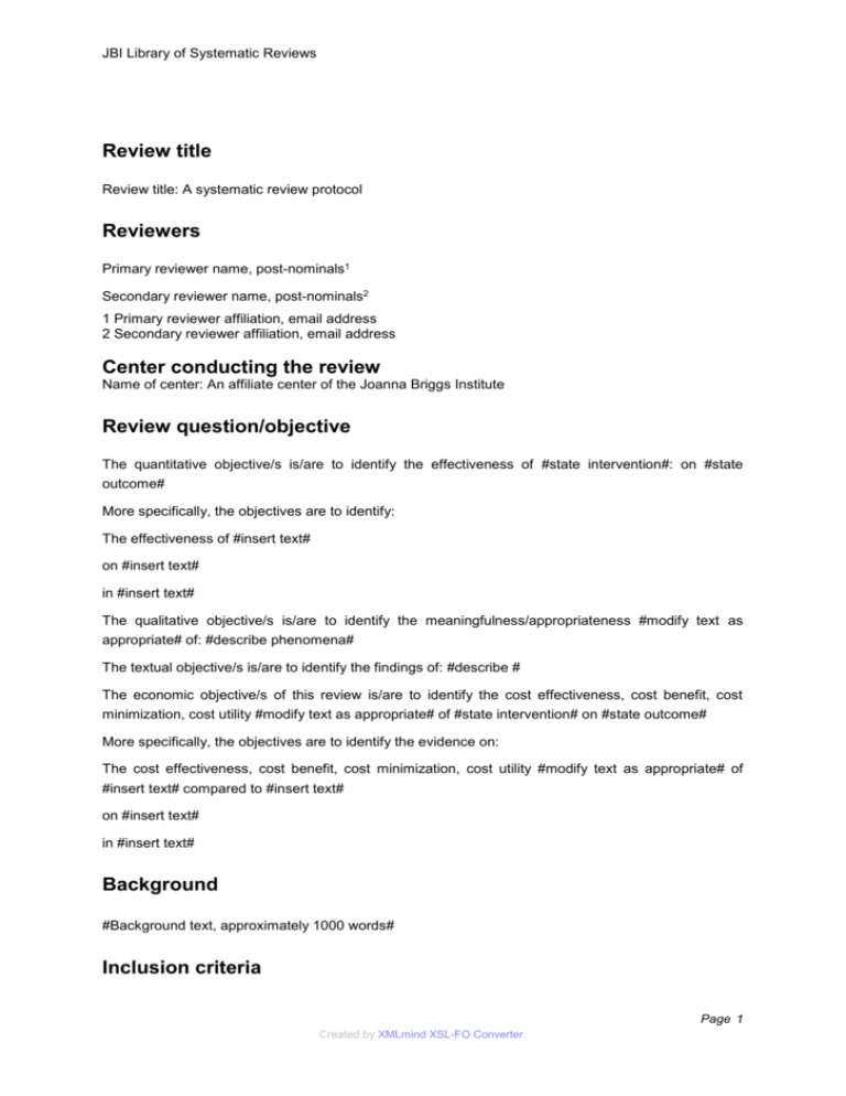 Systematic Review Protocol Template Systematic Review Protocol Template