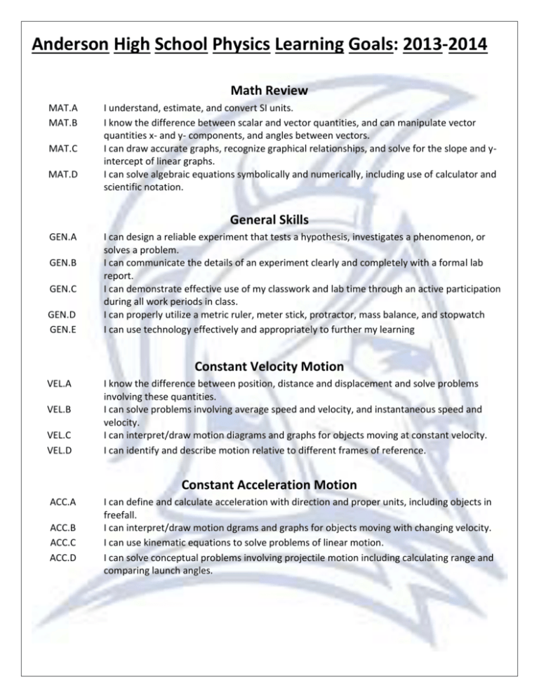 Anderson High School Physics Learning Goals