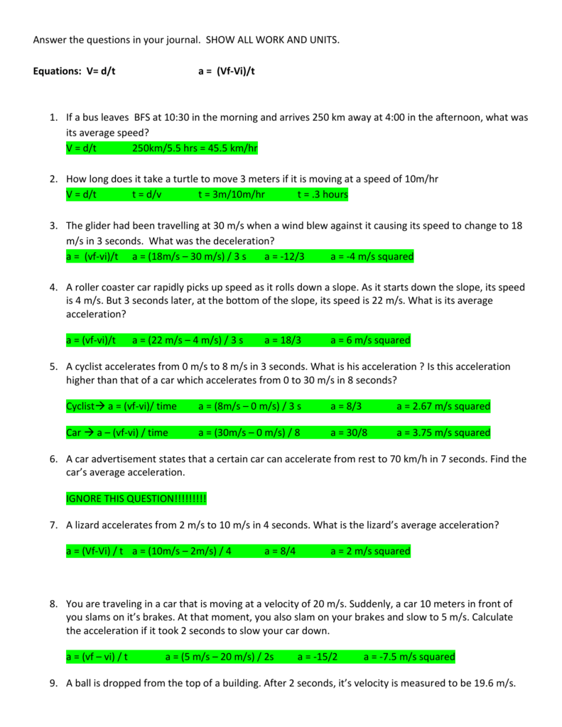 Motion Problems ANSWERS