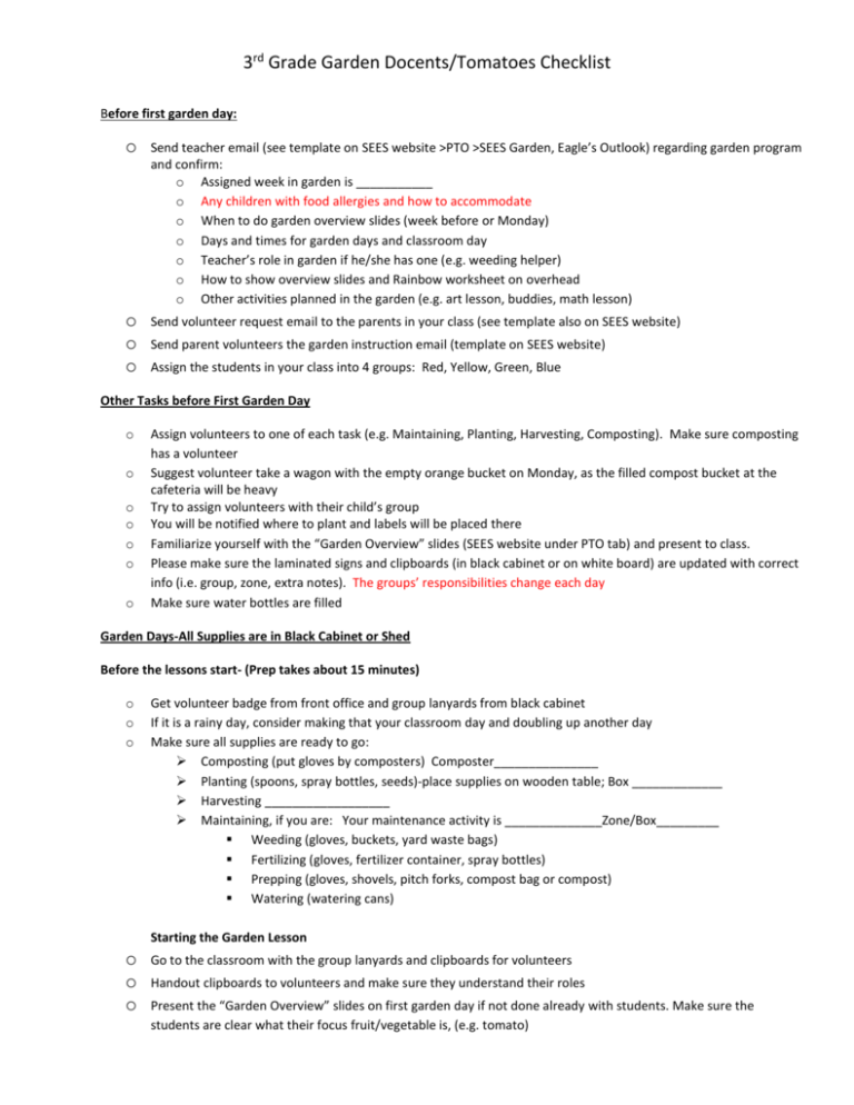 3rd Grade Garden Program Checklist
