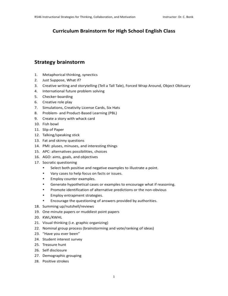 Curriculum Brainstorm For High School English Class