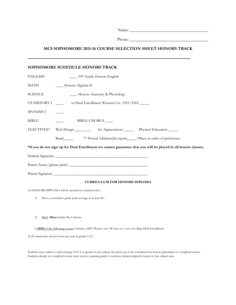 10th Grade Honors Course Selection 10th Grade Honors Course Selection
