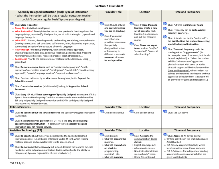 Specially Designed Instruction SDI Clue Sheet