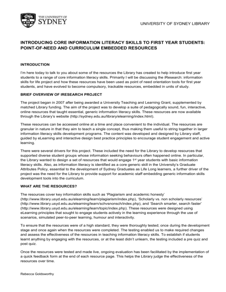 Introducing core information literacy skills to first year students: point