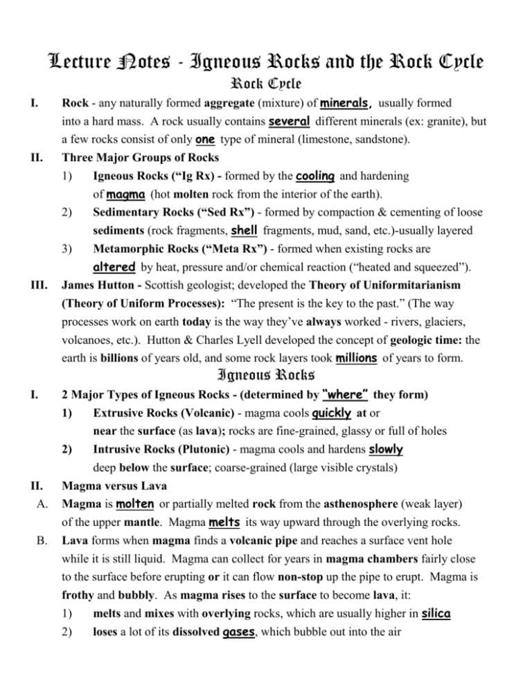 Lecture Notes - Igneous Rocks and the Rock Cycle