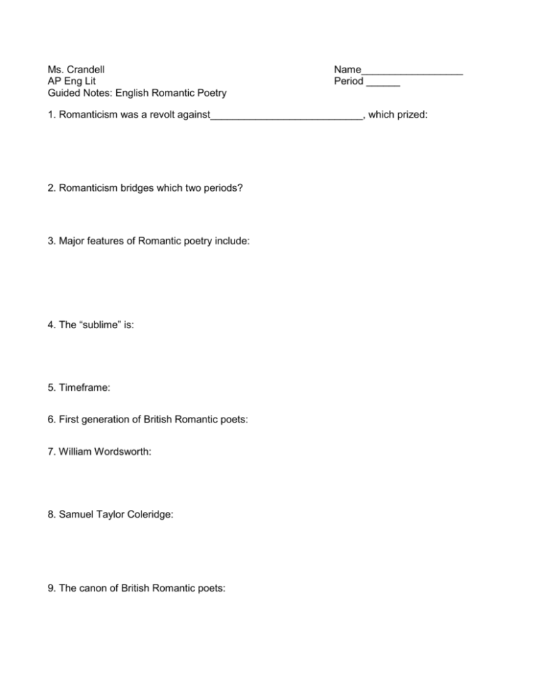 AP Eng Lit Guided Notes Romantic And Modernist Poetry AP Eng Lit Guided Notes Romantic And Modernist Poetry