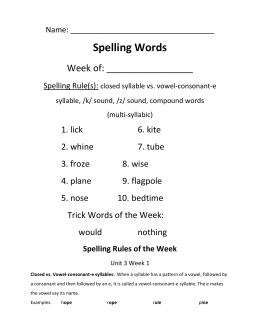Vowel Consonant e Multisyllabic Words