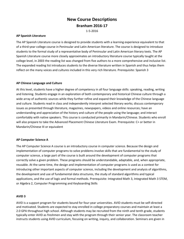 Course Descriptions 2016 2017