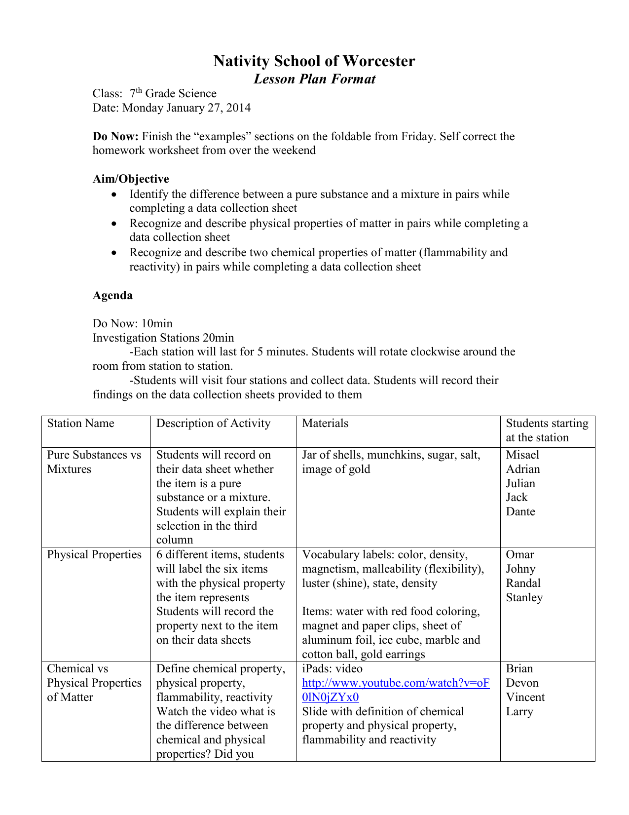 Grade 7 Science Lesson Plan January 27 2014
