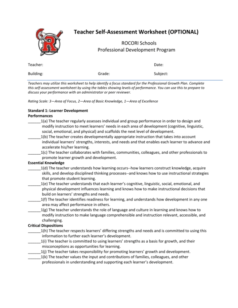 Teacher Self Assessment Worksheet