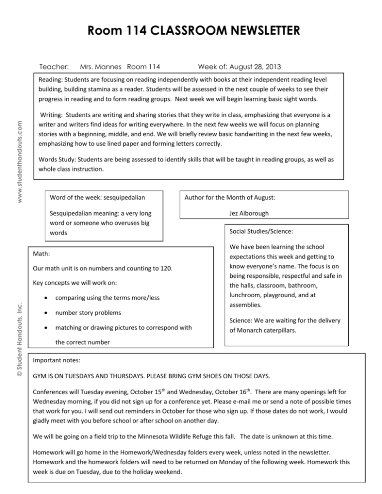 Room 114 CLASSROOM NEWSLETTER