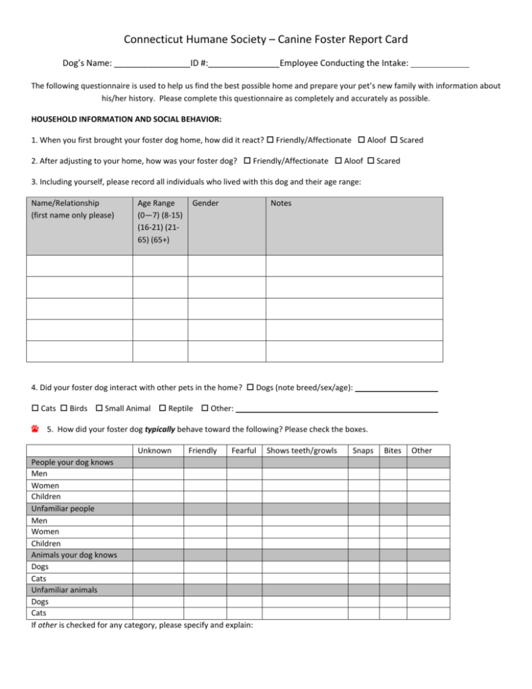 Canine Foster Report Card - Dog Behavior Questionnaire