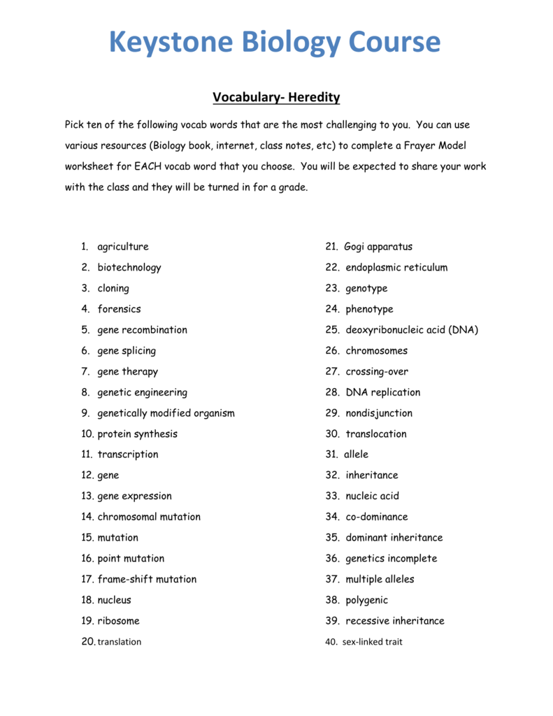 Keystone Biology Course Vocabulary Keystone Biology Course Vocabulary