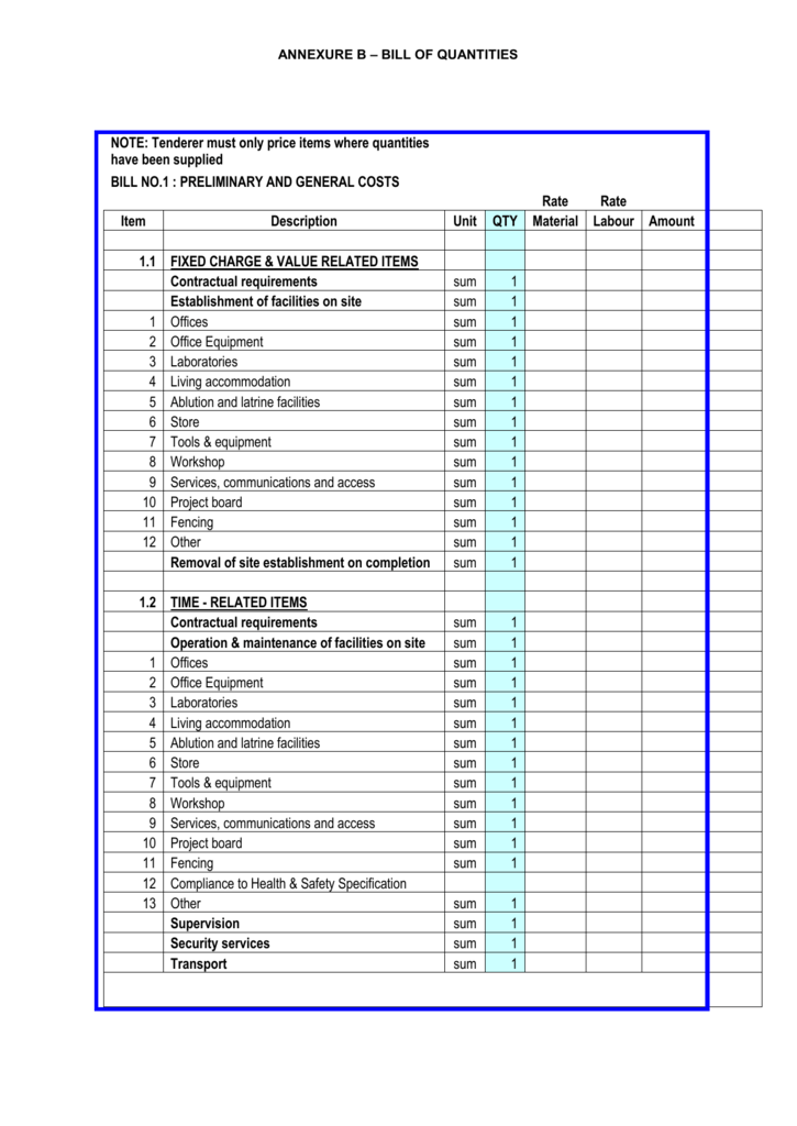 ANNEXURE B BILL OF QUANTITIES