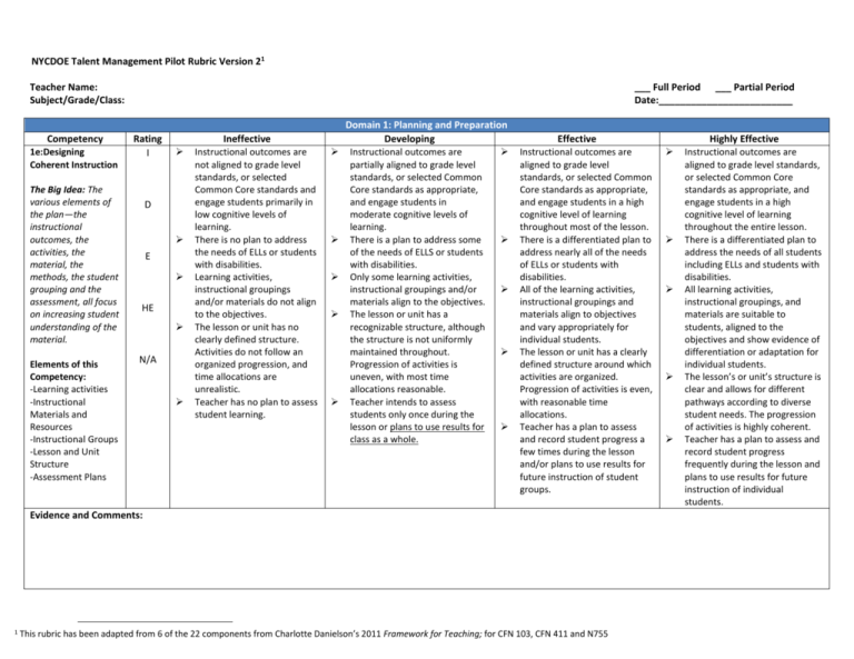Evaluation Rubric Teachers NYC DOE 
