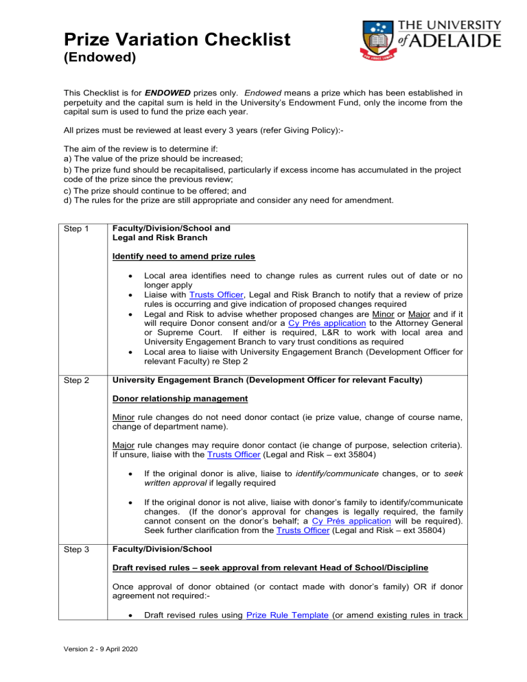 Endowed Prize Variation Checklist