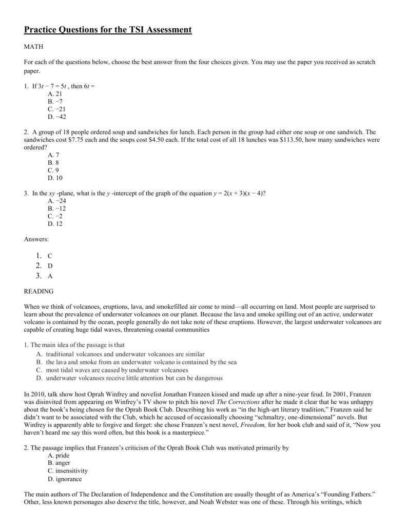 Practice Questions For The TSI Assessment Practice Questions For The TSI Assessment