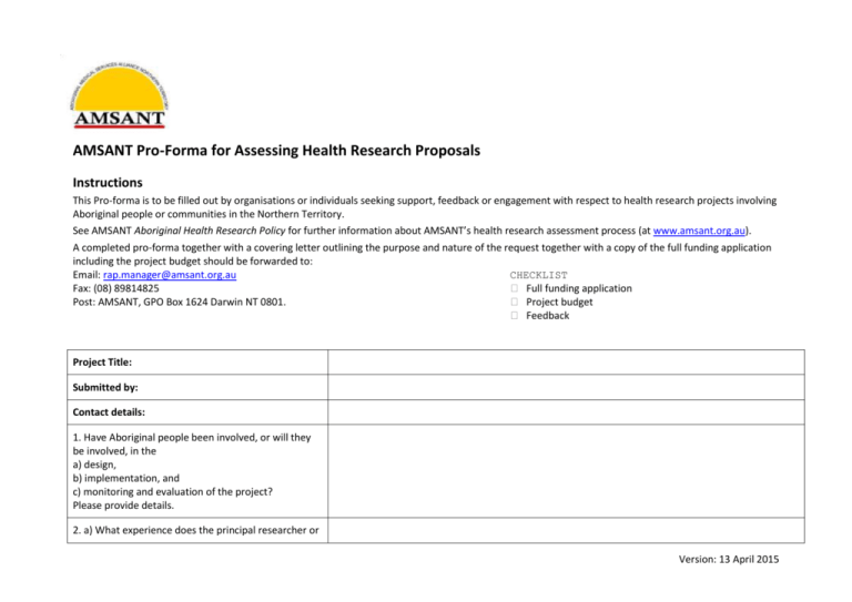 AMSANT Health Research Proposals Pro-forma