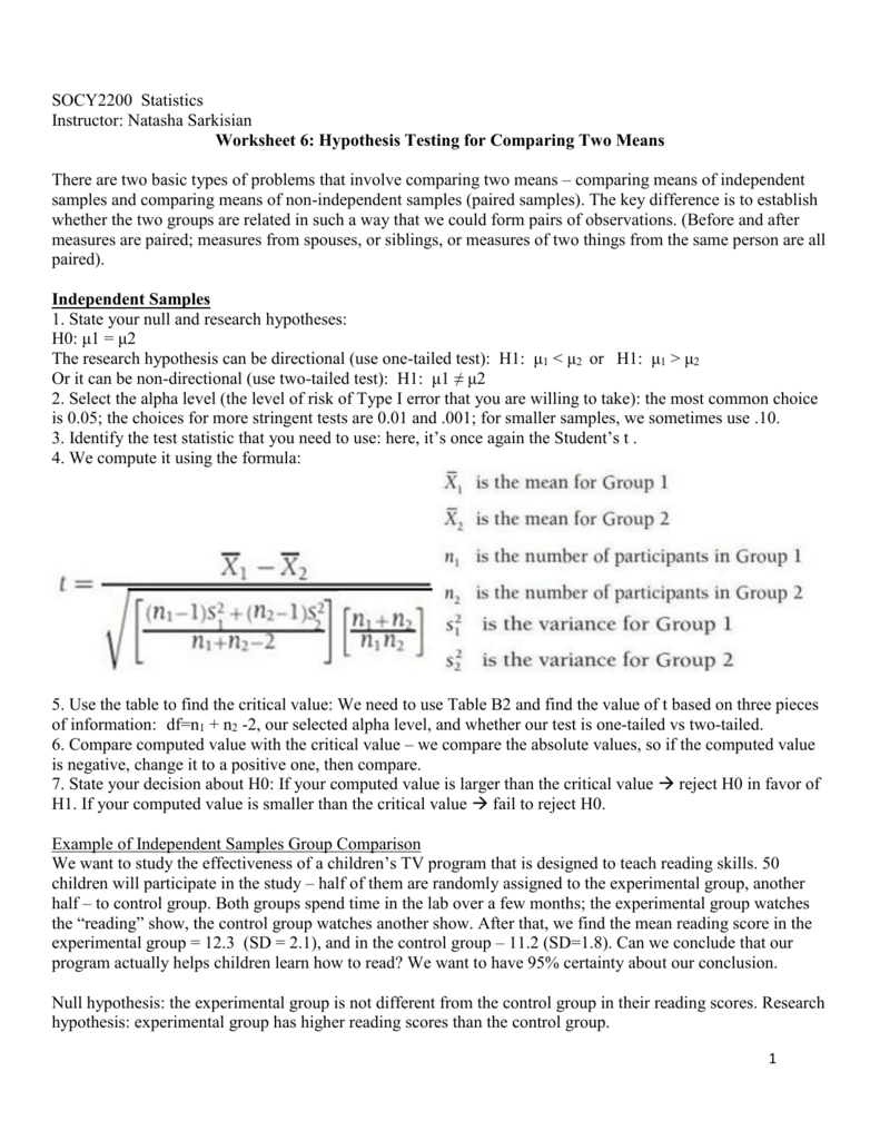 Worksheet 6 Hypothesis Testing For Means Of Two Samples