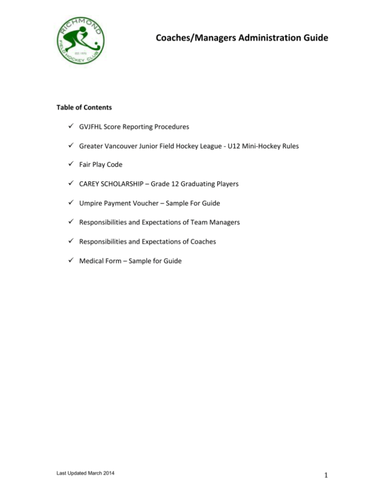 Coaches/Managers Administration Guide Table of Contents