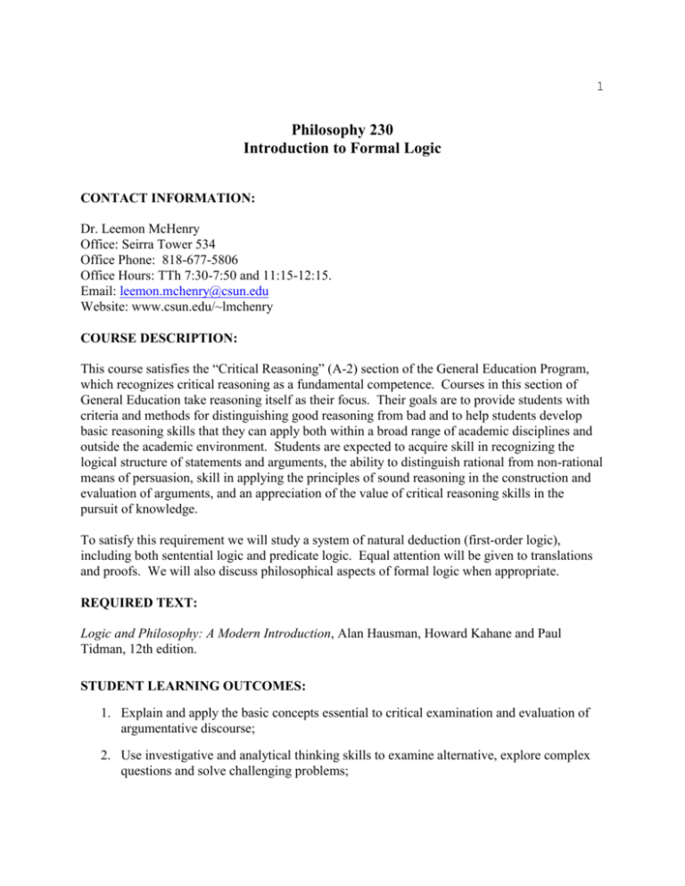 Philosophy 230 Introduction To Formal Logic