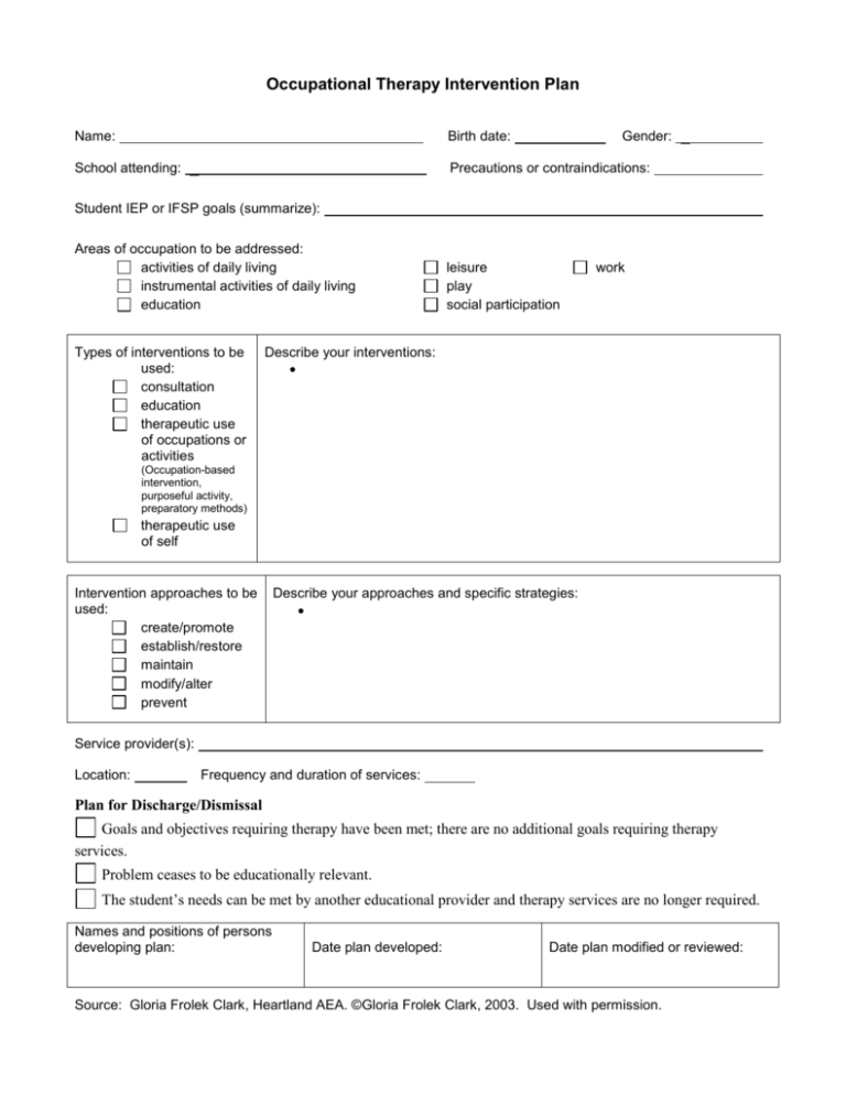 Occupational Therapy Intervention Plan Wikispaces