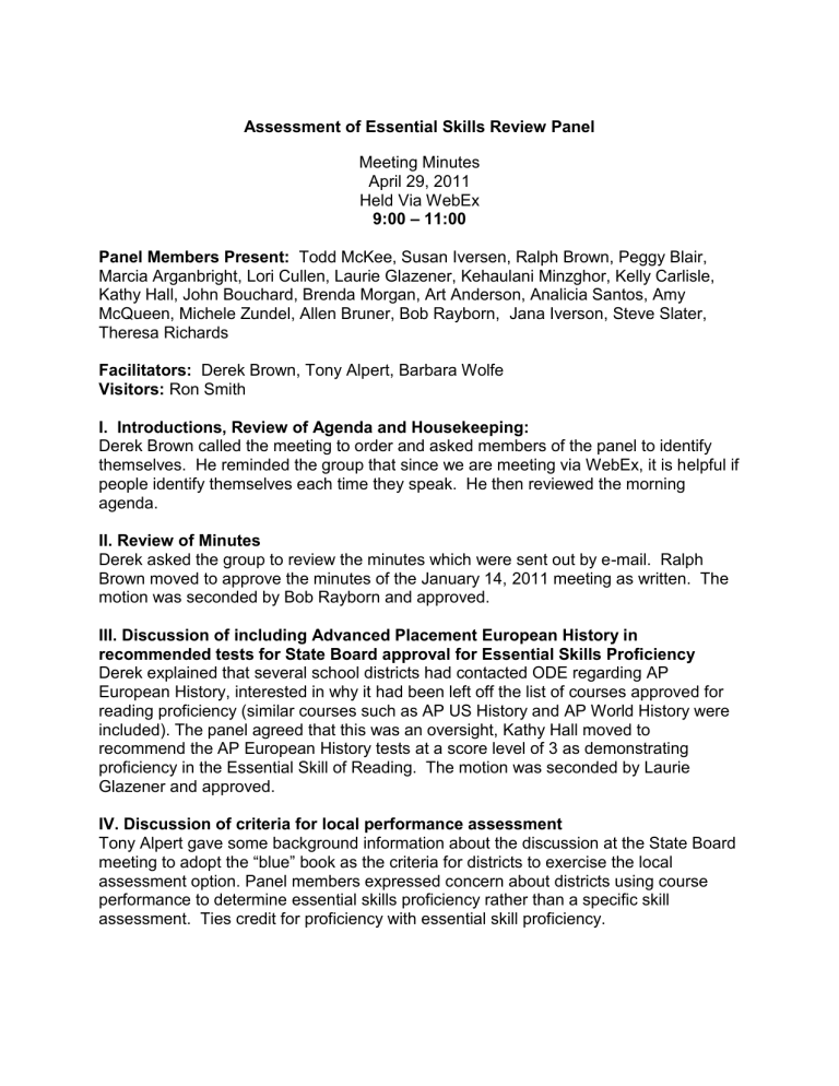 Assessment Of Essential Skills Review Panel