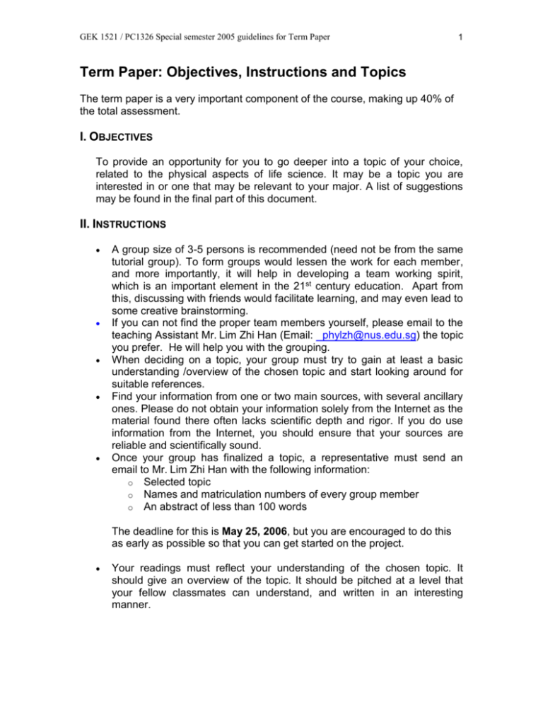 Term Paper Objectives And Instructions