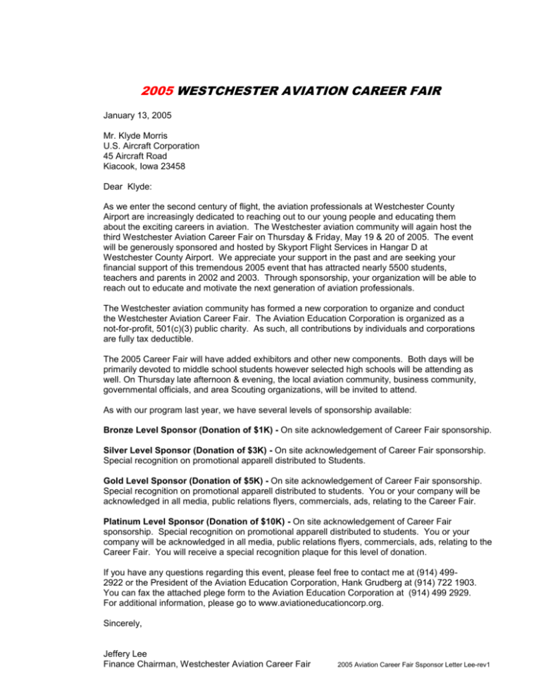 2005 Westchester Aviation – Career Fair – Sponsor Letter