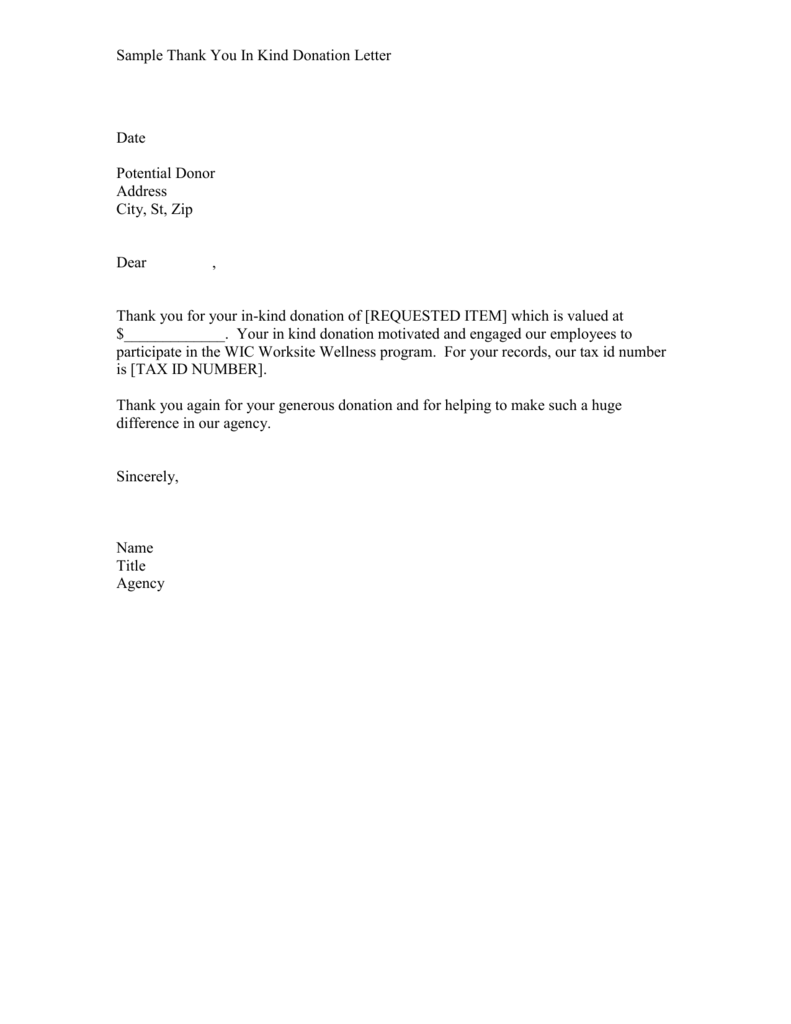 Sample In Kind Donation Letter Sample In Kind Donation Letter