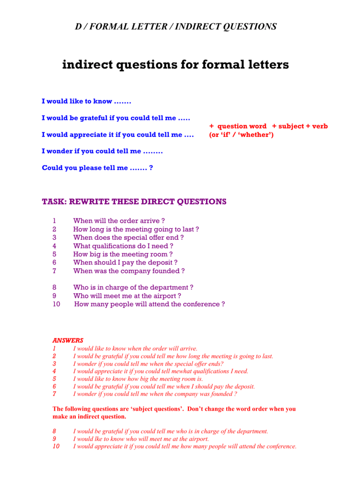 Indirect Questions For Formal Letters