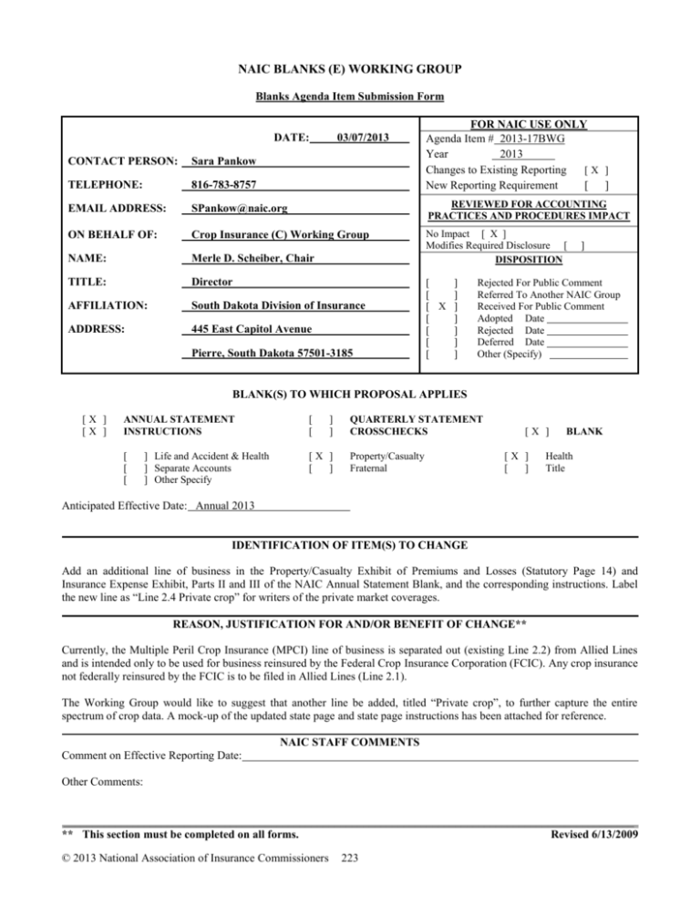 2013-17BWG - National Association of Insurance Commissioners