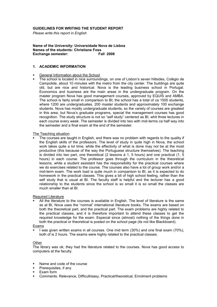 GUIDELINES FOR WRITING THE STUDENT REPORT