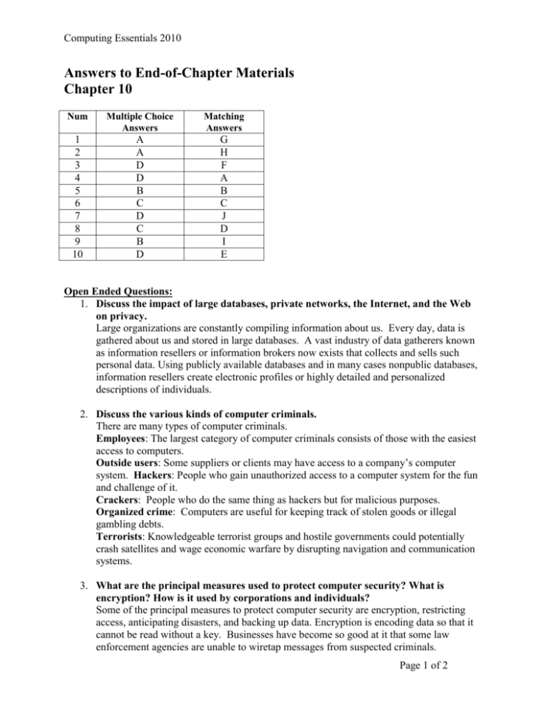 Answers To End of Chapter Materials