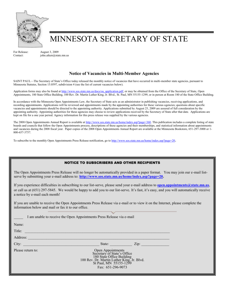 Notice of Vacancies in Multi-Member Agencies
