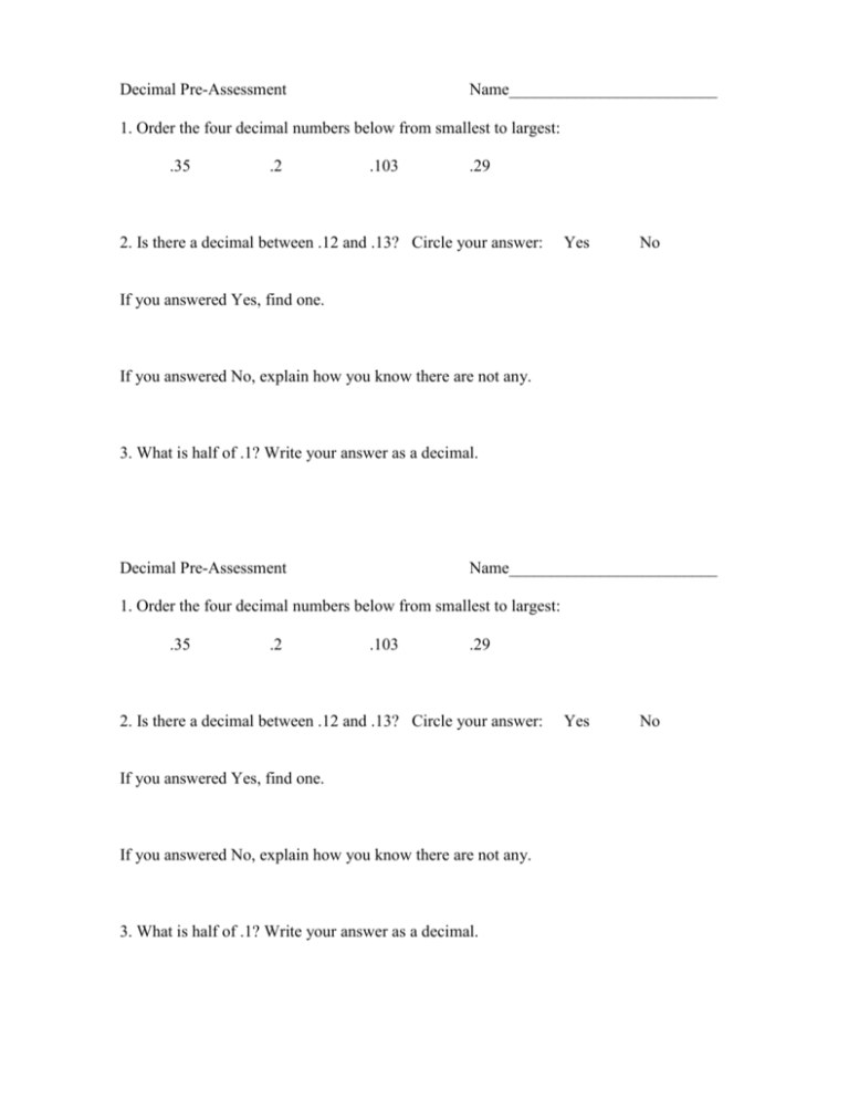 Decimal Pre Assessment